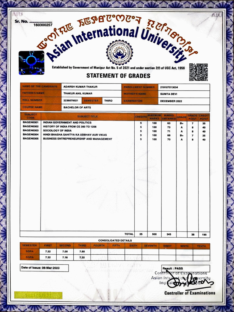 Asian International University Marksheet | PDF