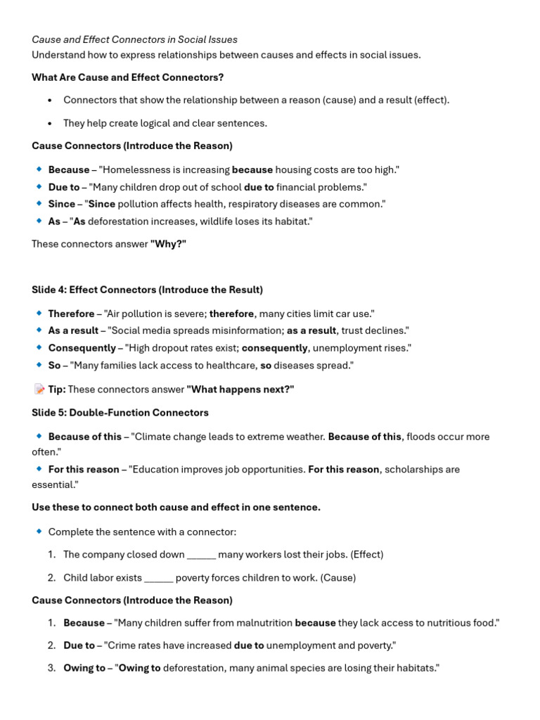 Connectors Cause and Effect Explanation | PDF | Poverty | Poverty ...