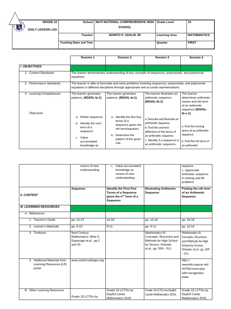 g10 DLL First Quarter 2024 | PDF | Sequence | Arithmetic