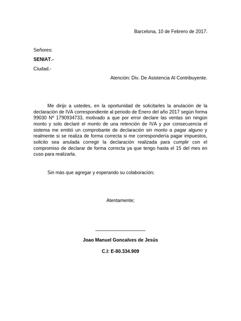 Carta Anulacion Declaracion Seniat PN | PDF