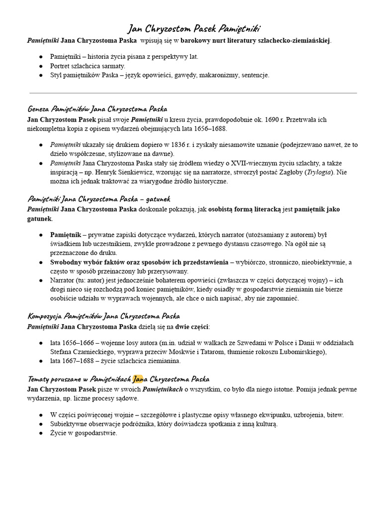 Pamiętniki - Jan Chryzostom Pasek | PDF