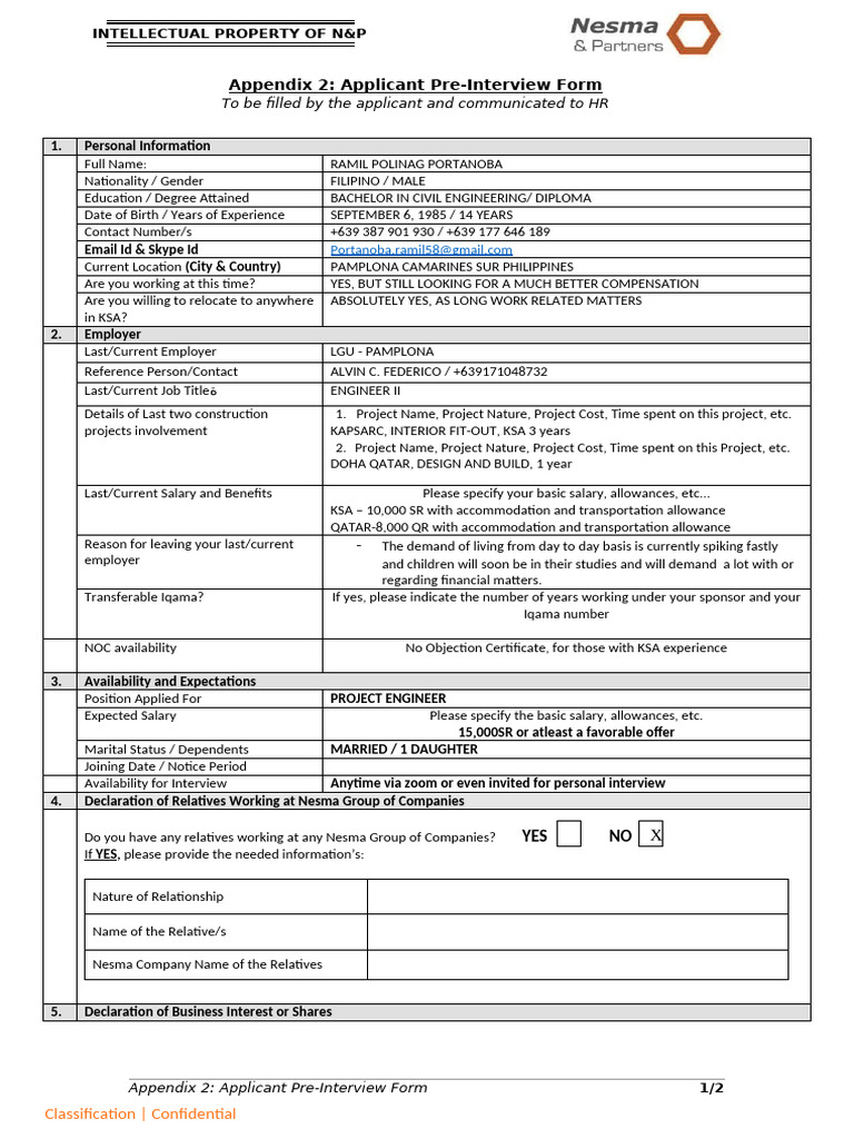 Pre Interview Form - English | PDF | Business