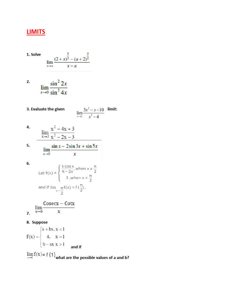 Limits and Derivatives Worksheet | PDF