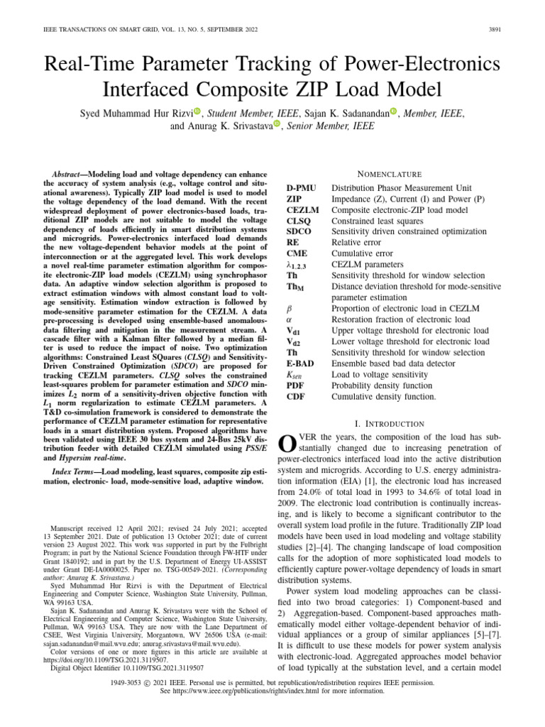 Real-Time Parameter Tracking of Power-Electronics Interfaced Composite ZIP Load Model | PDF ...
