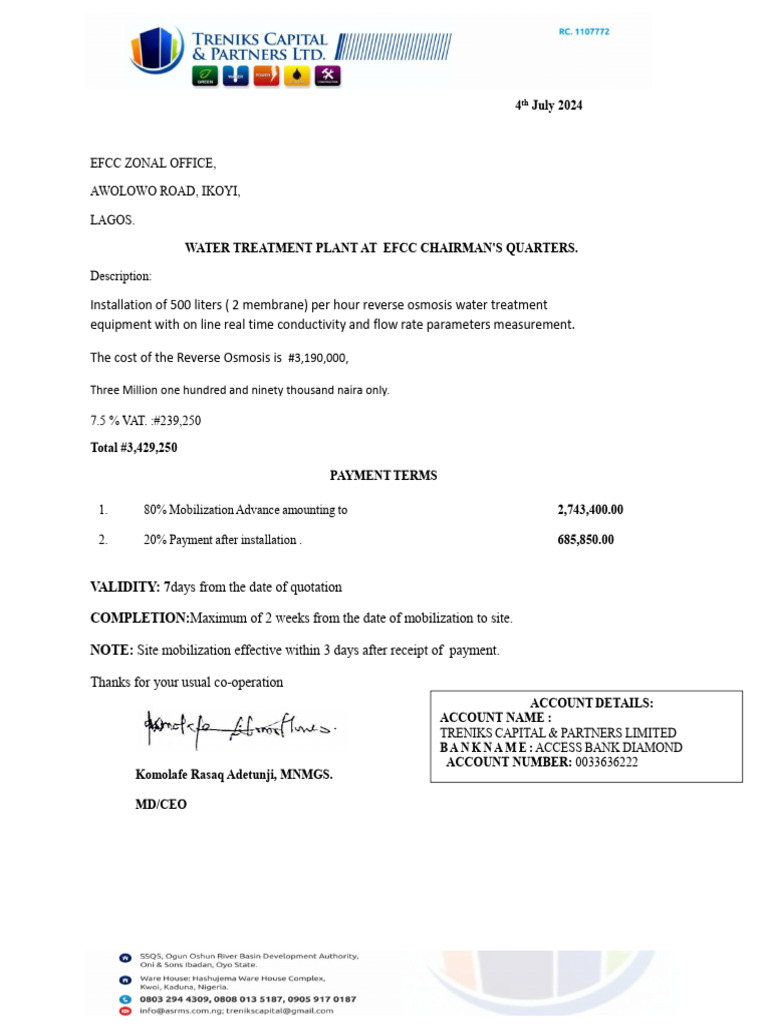 Quotation For Water Treatment at Efcc Ikoyi | PDF