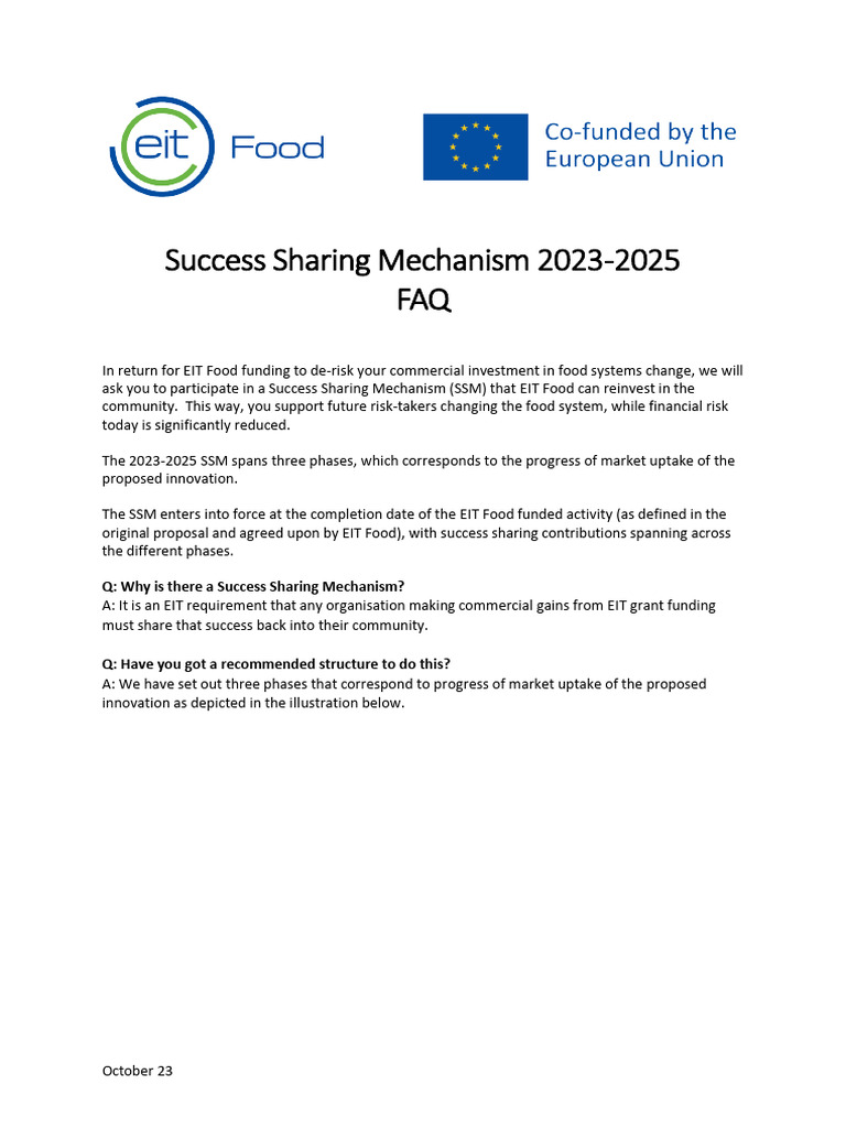 EIT Food - FAQ Success Sharing Mechanism - OCT 2023 | PDF | Consortium | Business