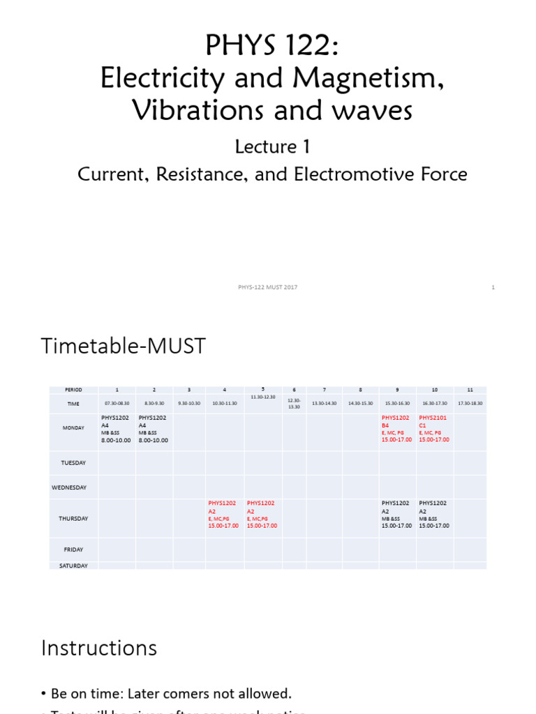 PHYS 122 Lecture 1 (Revised) 2019 | PDF | Electrical Resistivity And Conductivity | Resistor