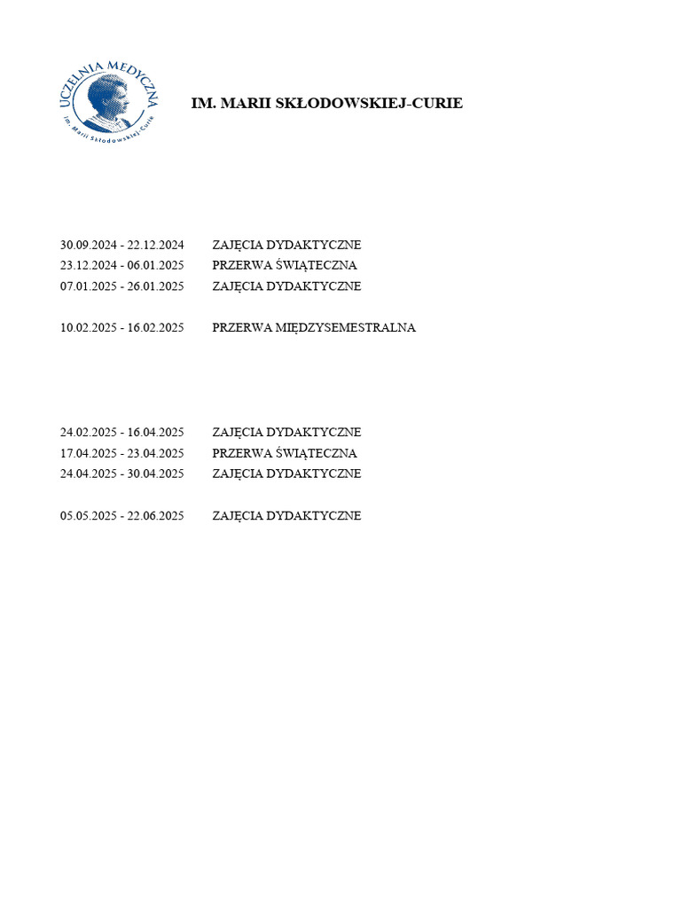 Organizacja Roku Akademickiego 2024 25 | PDF