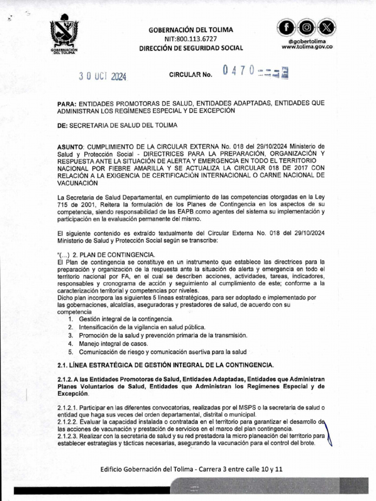 Directrices Salud Tolima: Fiebre Amarilla | PDF