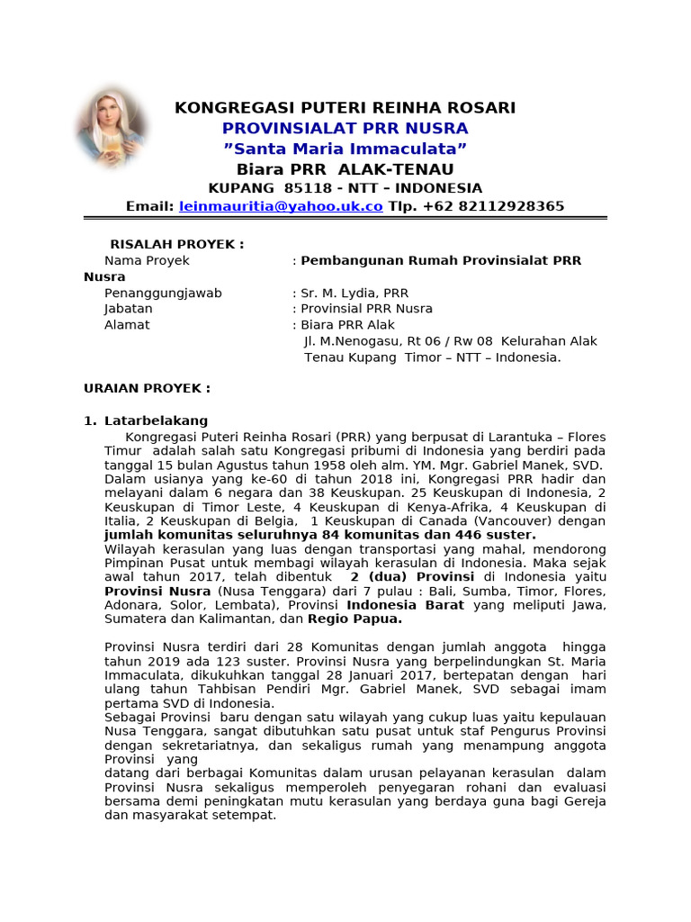 Proposal Pembangunan Biara PRR Kupang | PDF