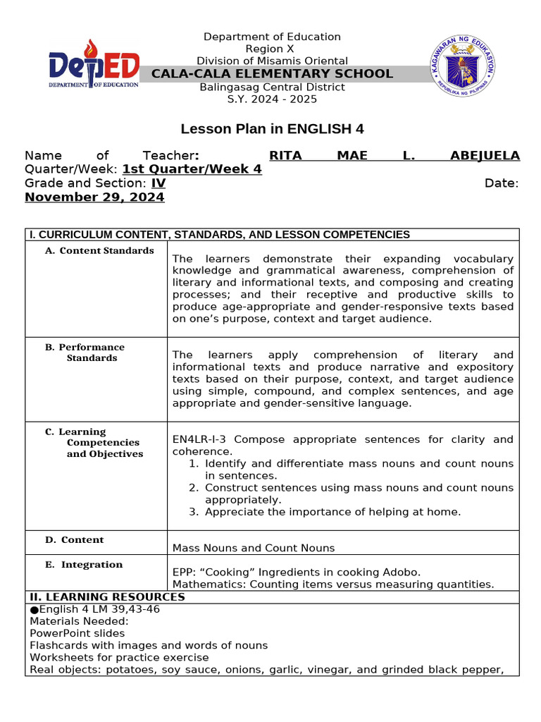 Grade 4 Lesson Plan: Mass & Count Nouns | PDF | Learning