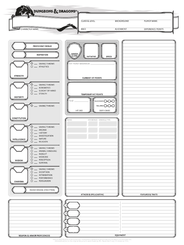 Reg Character Sheet 2 Page Printable | PDF