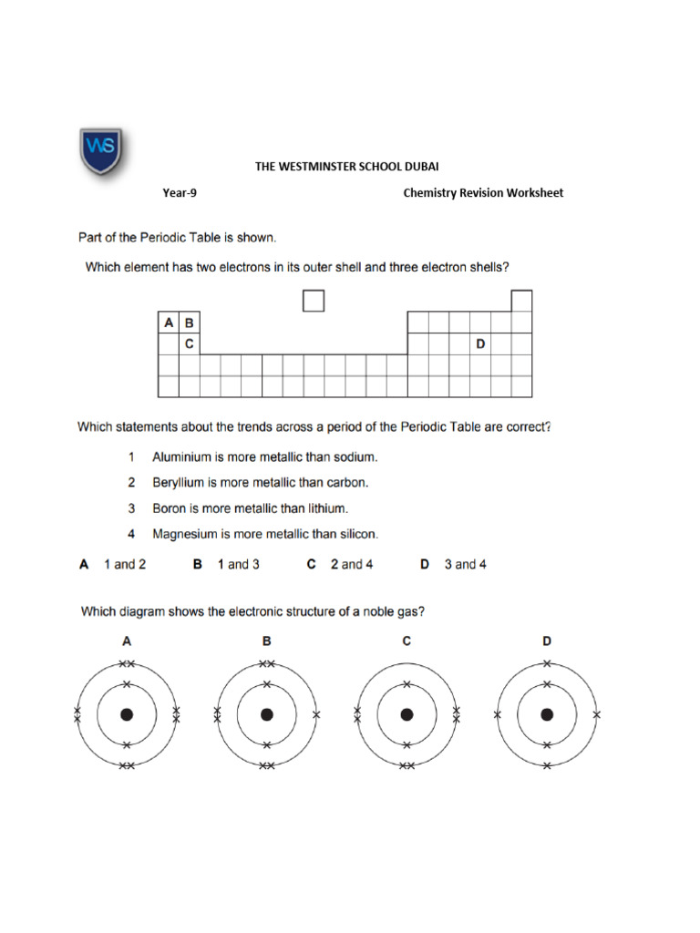 Yr 9 CA 3 Chemistry Revision Worksheet | PDF