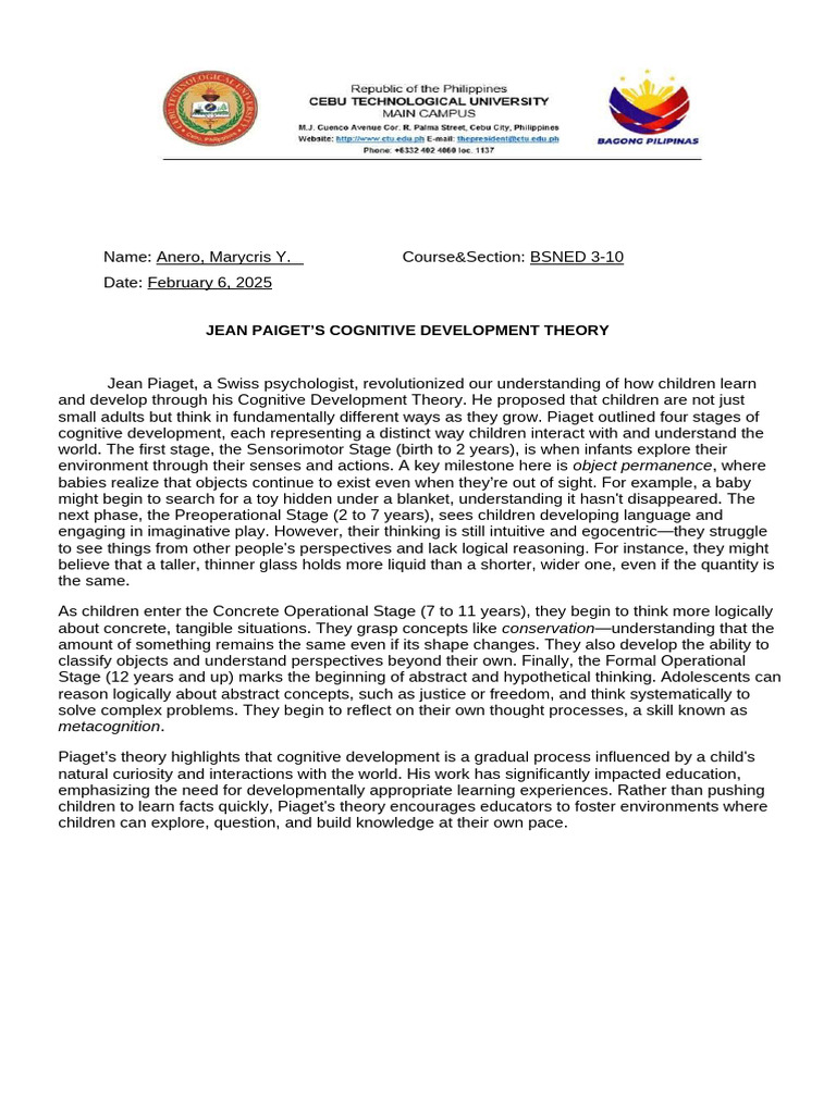 JEAN PAIGET’S COGNITIVE DEVELOPMENT THEORY | PDF | Cognitive Development | Human Life Stages