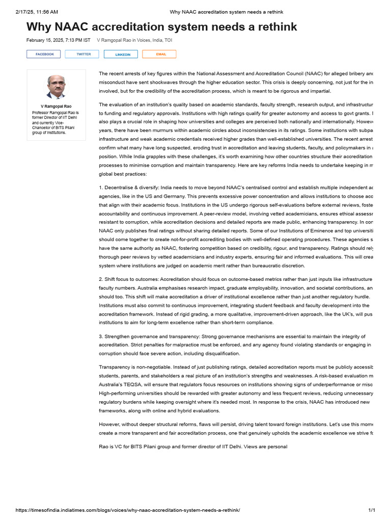 Why NAAC Accreditation System Needs A Rethink | PDF | Governance | Evaluation