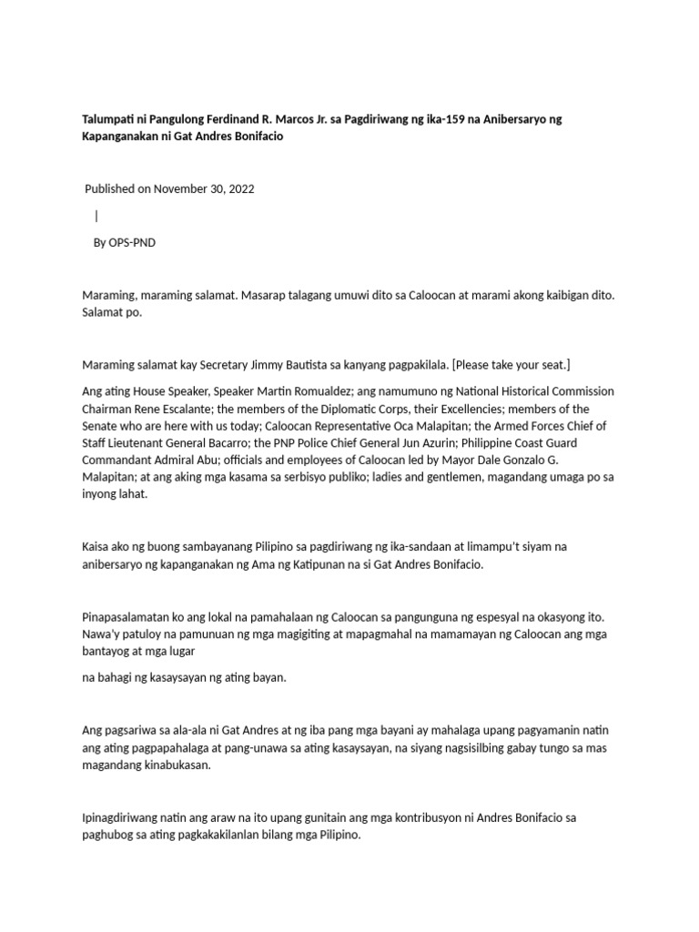 Talumpati Ni Pangulong Ferdinand R | PDF