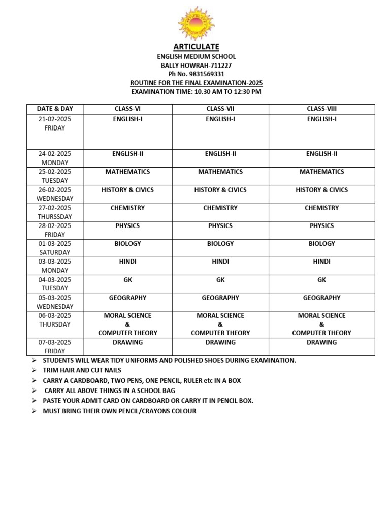 Class 7 Final Exam Routine 2025 | PDF