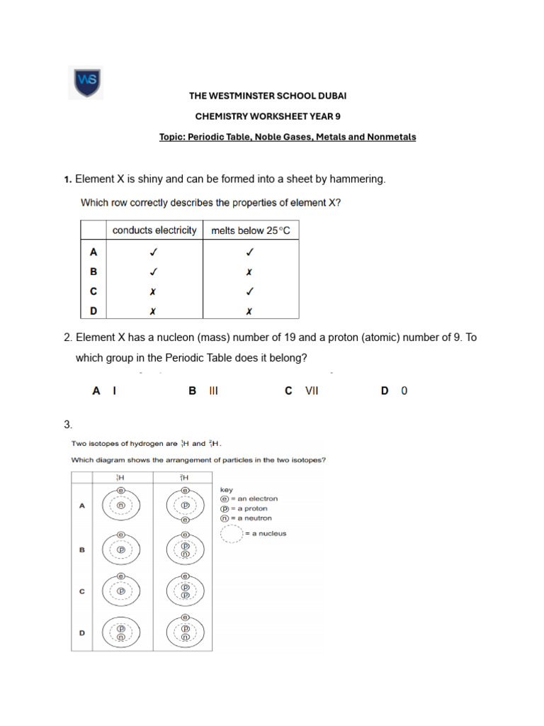 Year 9 Exam Practice Worksheet - Periodic Table Metals Noble Gases | PDF