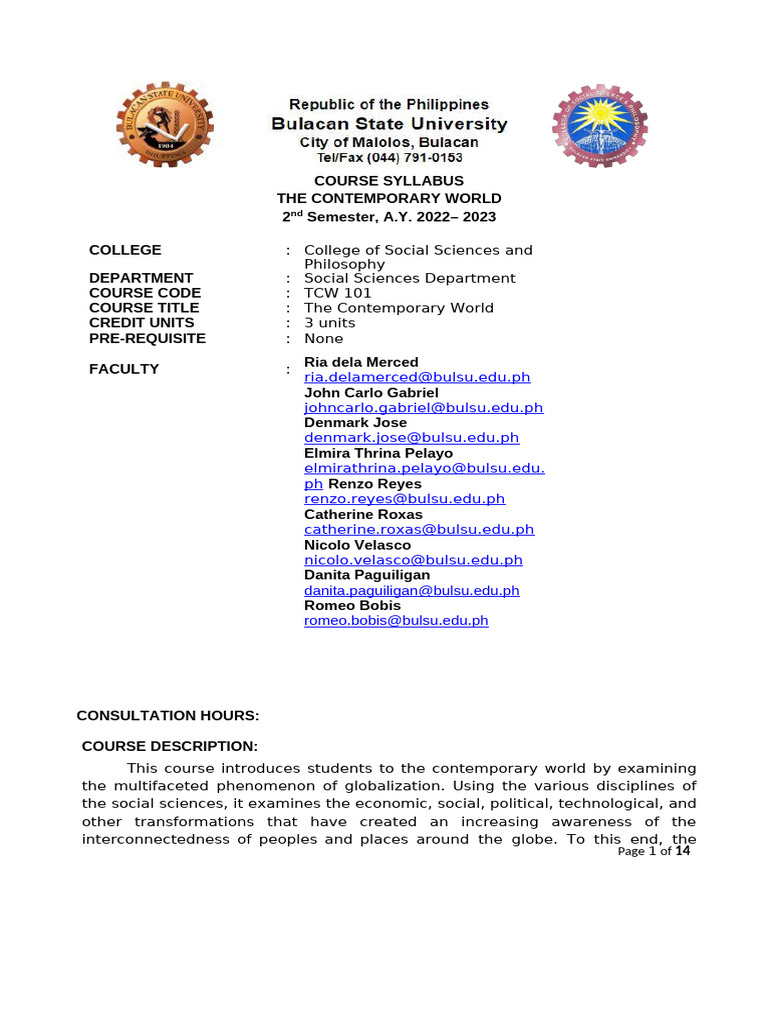 The Contemporary World Syllabus | PDF | Knowledge | Cognition