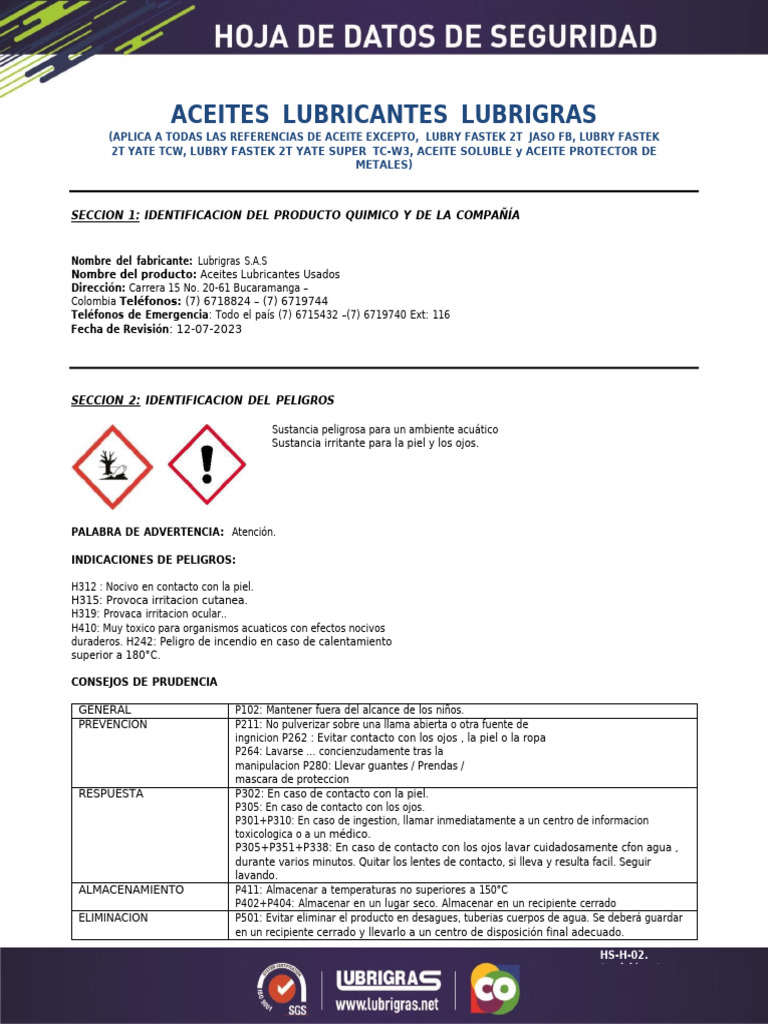 Seguridad en Aceites Lubricantes Lubrigras | PDF | Agua | Residuos