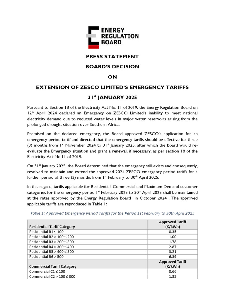 ZESCO Emergency Tariffs Extended | PDF | Public Utility | Energy Economics