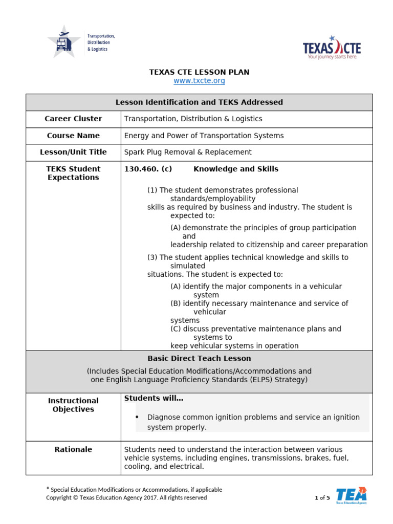 Lesson Plan Spark Plug Removal & Replacement | PDF | Individualized ...