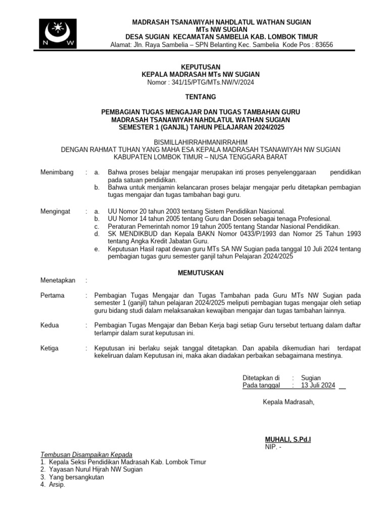 SK Pembagian Tugas 20242025 | PDF