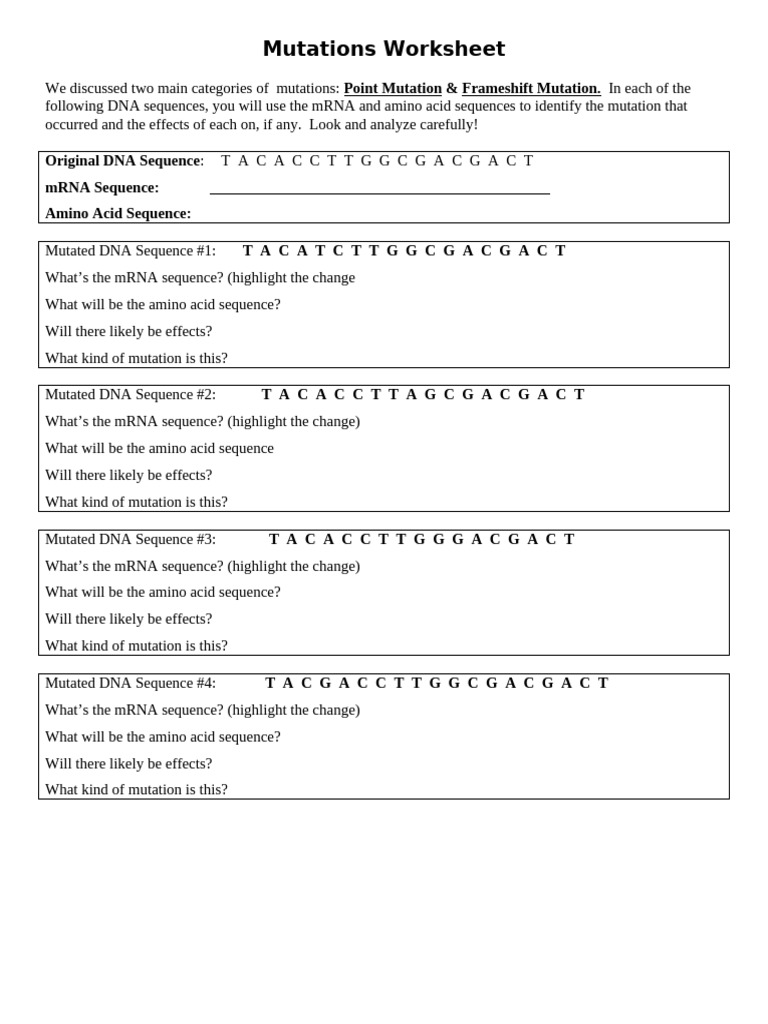 Mutation Worksheet | PDF