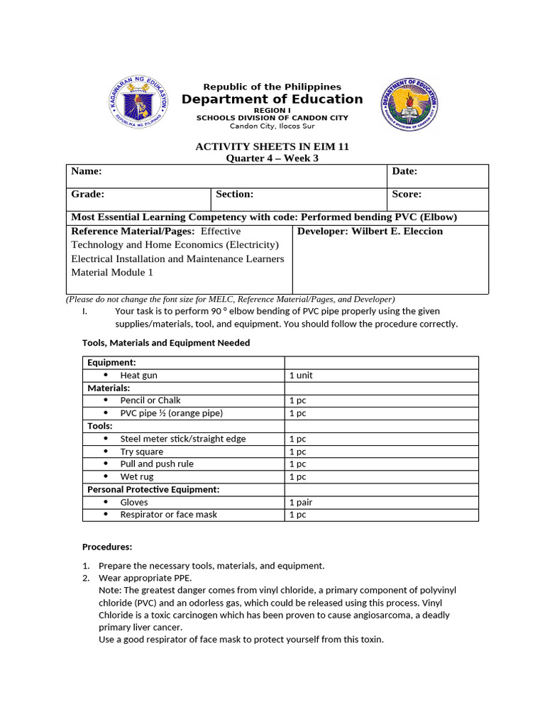 EIM 11-Q4 WEEK 3 Activity Sheet | PDF | Polyvinyl Chloride | Building Materials