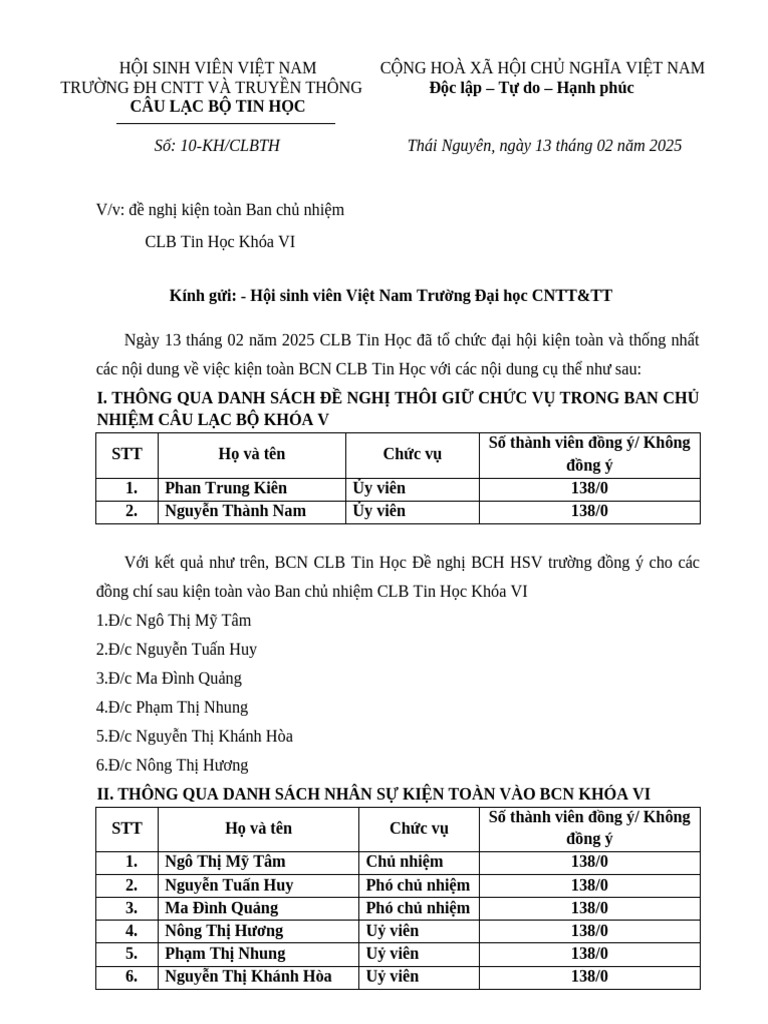 CV Đề Nghị Kiện Toàn CLB ICTU 1 | PDF