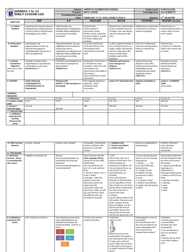 DLL_ALL SUBJECTS 2_Q4_W2_D4 | PDF