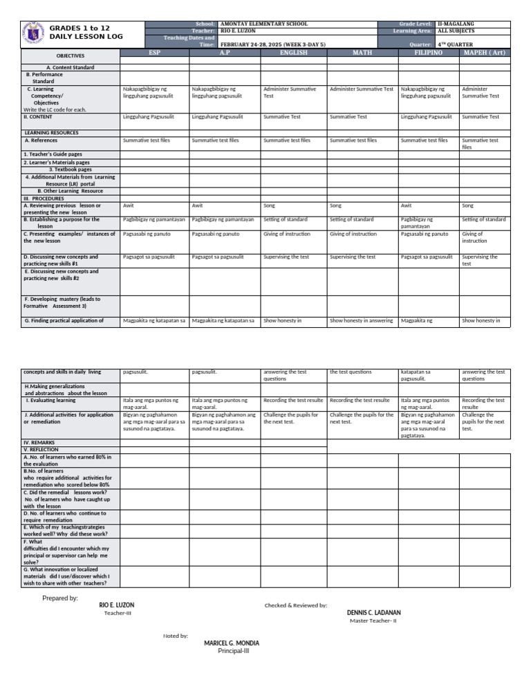 DLL_ALL SUBJECTS 2_Q4_W3_D5 | PDF | Teachers | Pedagogy