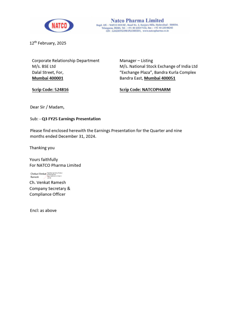 Mumbai 400001 Scrip Code: 524816 Mumbai 400051 Scrip Code: NATCOPHARM ...