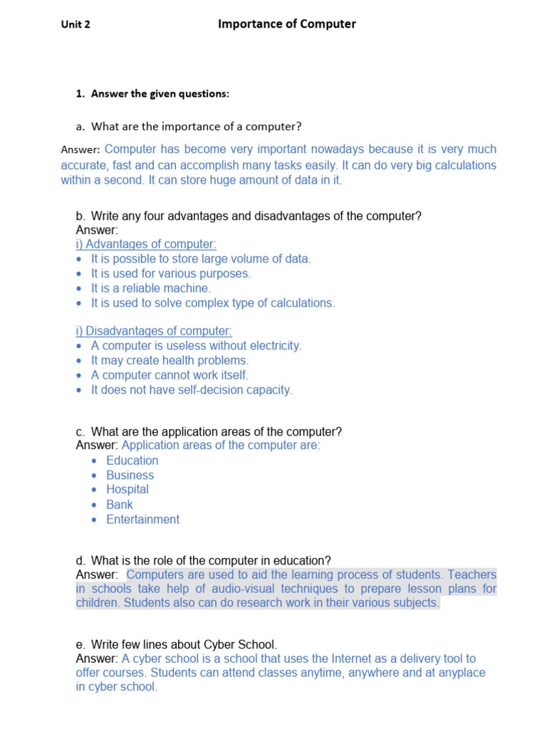 Computer 4 Unit 2 Questions Answers | PDF