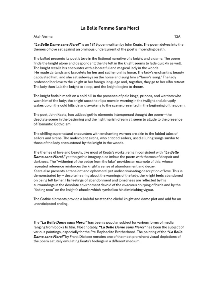 La Belle Dame Sans Merci-ᴀᴋꜱʜ ᴠᴇʀᴍᴀ | PDF | Poetry