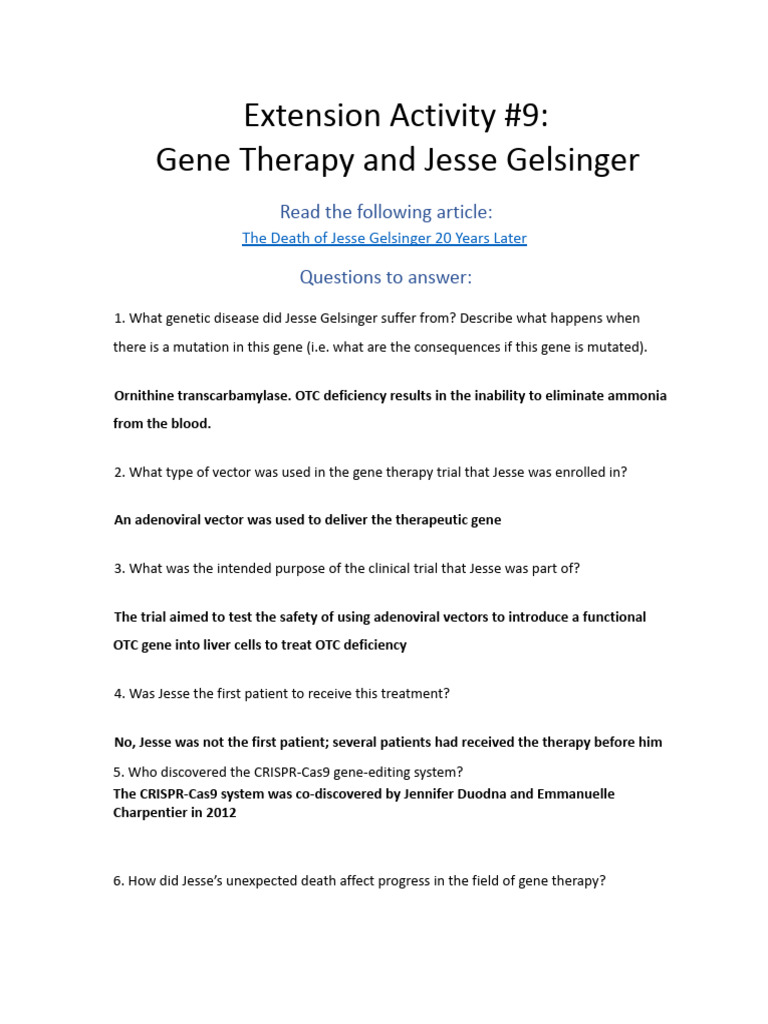 Extension Activity #9 - Jesse Gelsinger and Gene Therapy | PDF | Gene ...