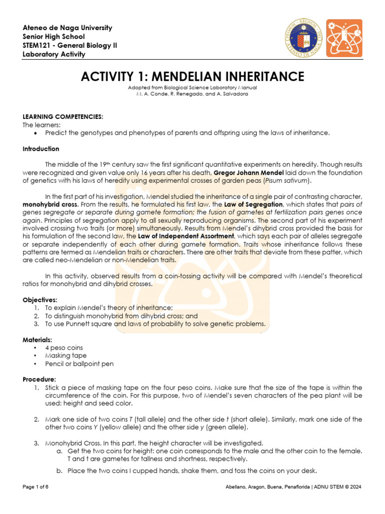 Lab Activity 1 Mendelian Inheritance | PDF | Genotype | Heredity