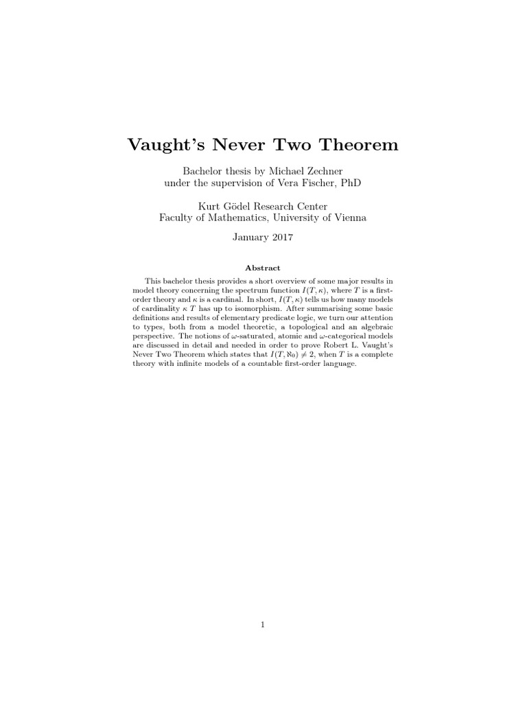 Vaught's Never Two Theorem Explained | PDF | Model Theory | Logic
