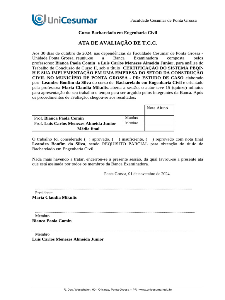 Avaliação TCC Engenharia Civil Cesumar | PDF