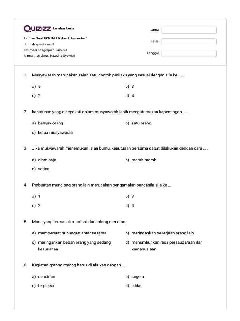 Latihan Soal PKN PAS Kelas 3 Semester 1 - Quizizz | PDF