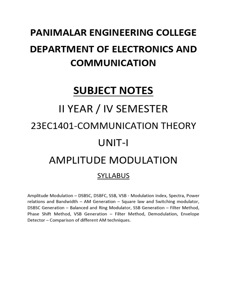 23EC1401-CT-UNIT I-AMPLITUDE MODULATION1 | PDF | Detector (Radio ...