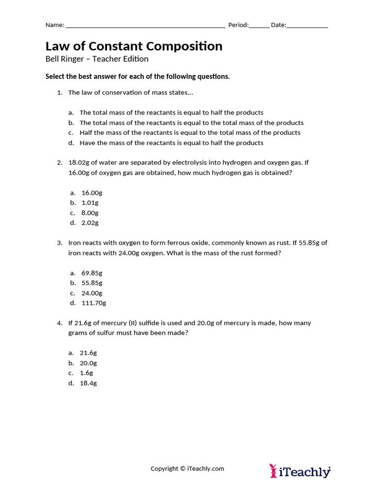 3 4a Bell Ringer TE Law of Constant Composition. | PDF | Iron | Rust