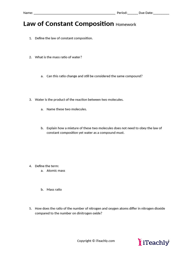 3 4a Homework Questions SE Law of Constant Composition. | PDF