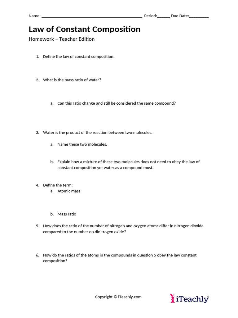 3 4a Homework Questions TE Law of Constant Composition. | PDF ...