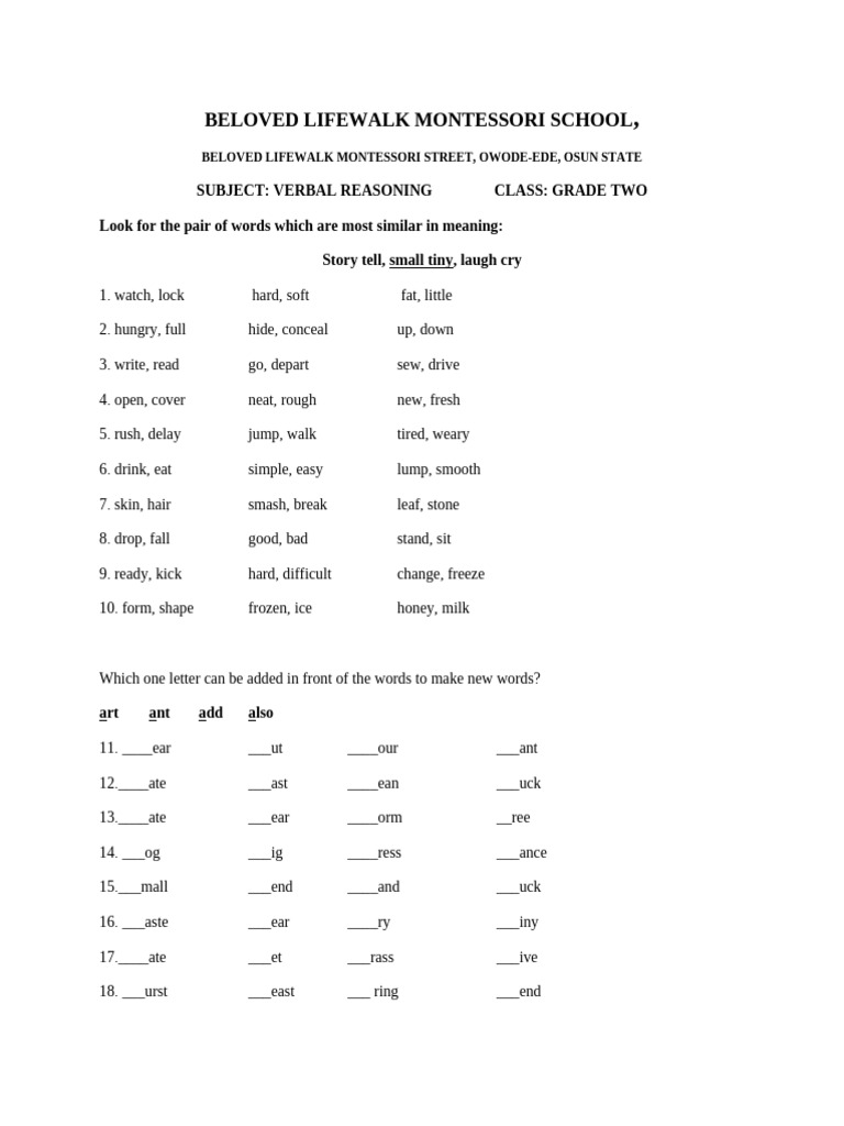 Grade 2 Verbal Reasoning Worksheet | PDF