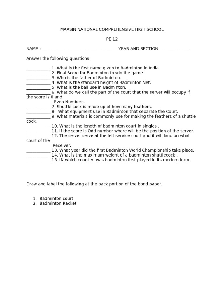 Badminton Quiz and Court Diagram Guide | PDF
