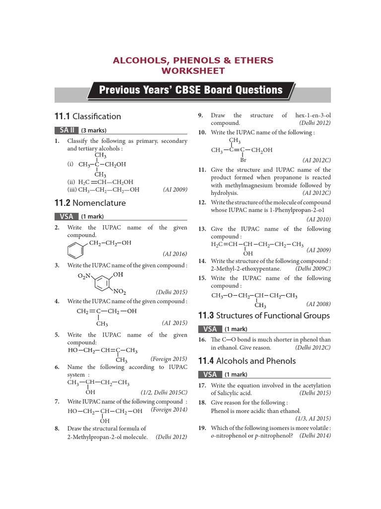 Alcohols, Phenols and Ethers Worksheet | PDF | Ether | Ethanol