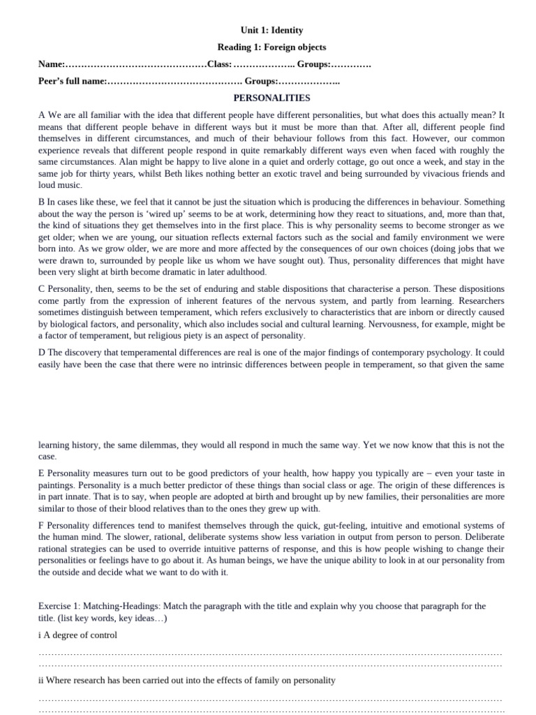 Unit 1 Reading-Personalities | PDF | Temperament