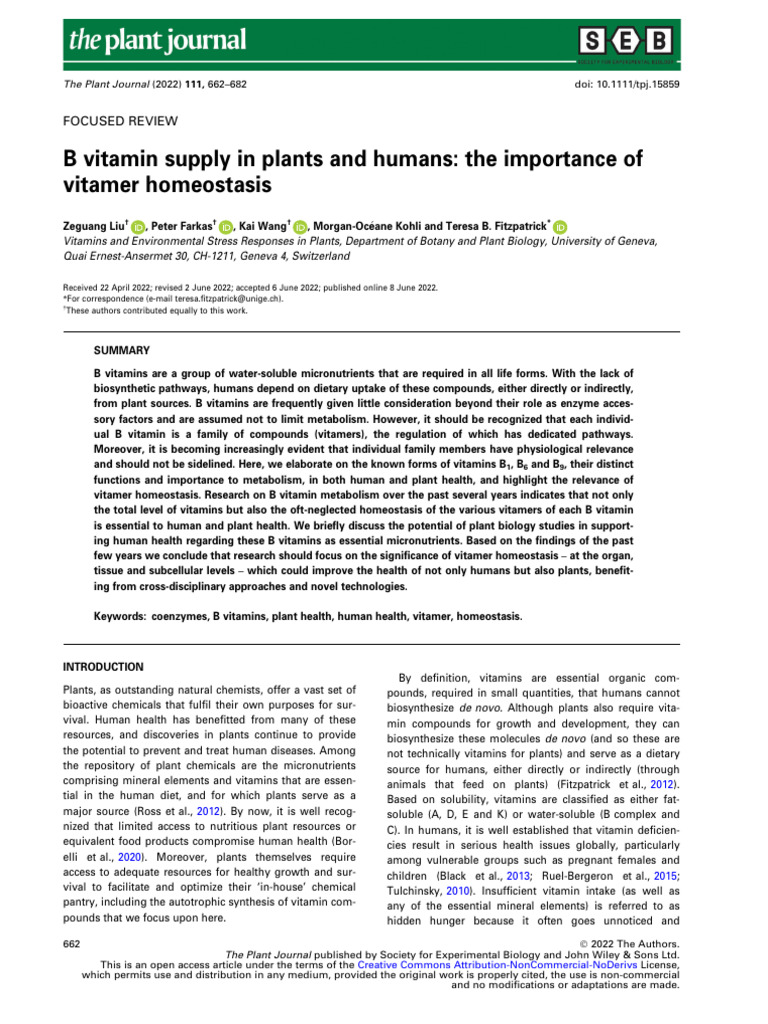 Liu, 2022. B Vitamin Supply in Plants and Humans - The Importance of ...