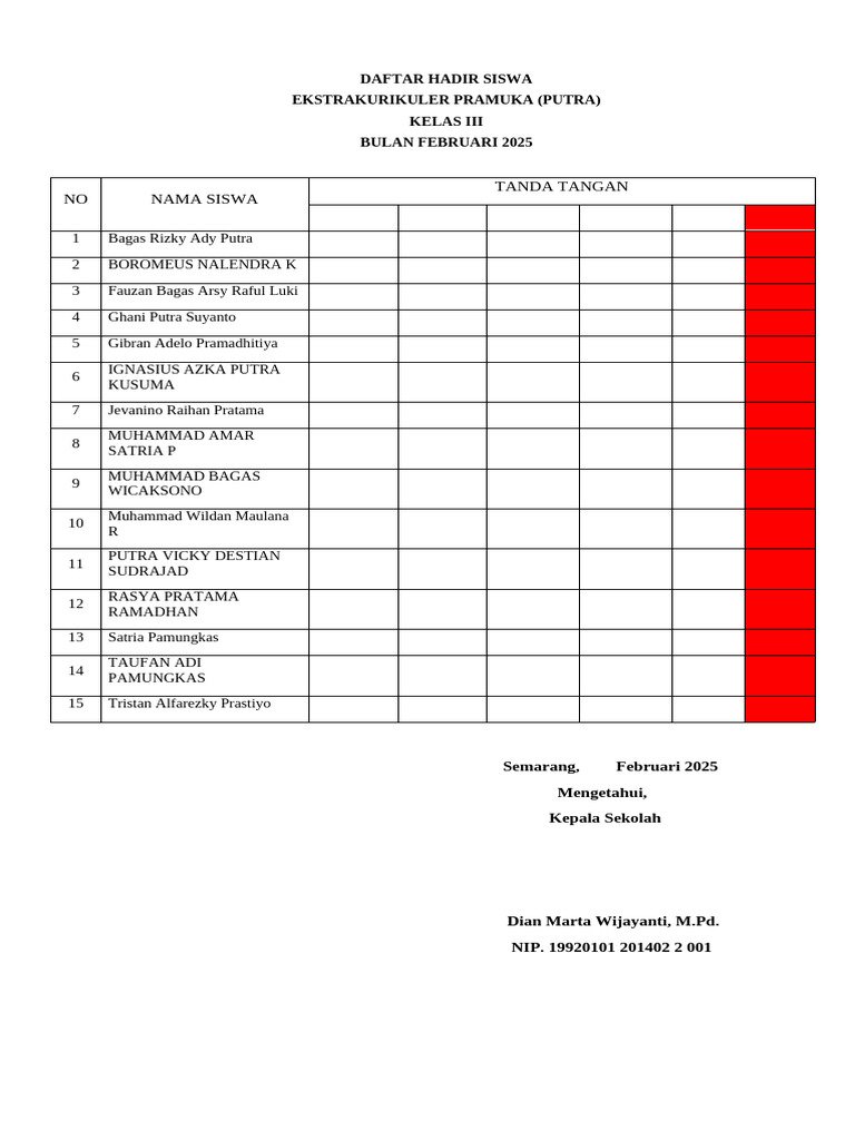 DAFTAR HADIR SISWA PRAMUKA - SEMESTER 1 TA 2024-2025 | PDF